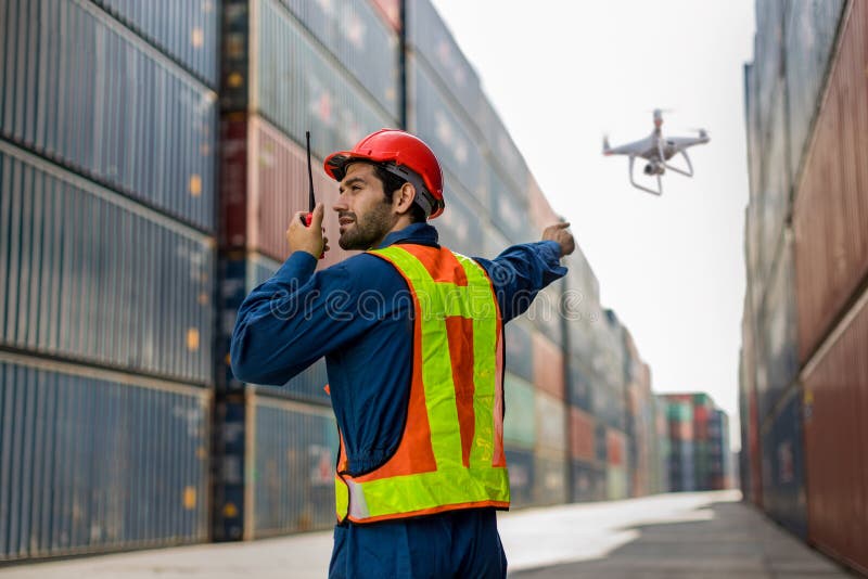 Foreman Man Working Checking at Container Cargo Harbor To Loading ...