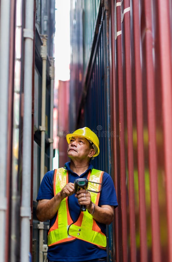 Foreman Man Working Checking at Container Cargo Harbor To Loading ...