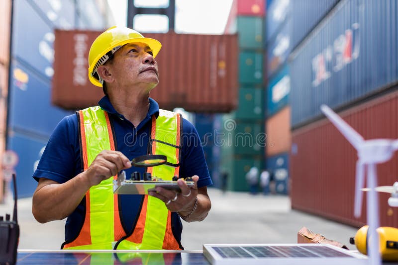 Foreman Man Working Checking at Container Cargo Harbor To Loading ...