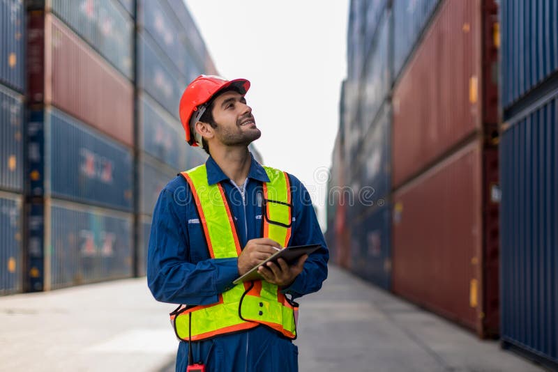 Foreman Man Working Checking at Container Cargo Harbor To Loading ...