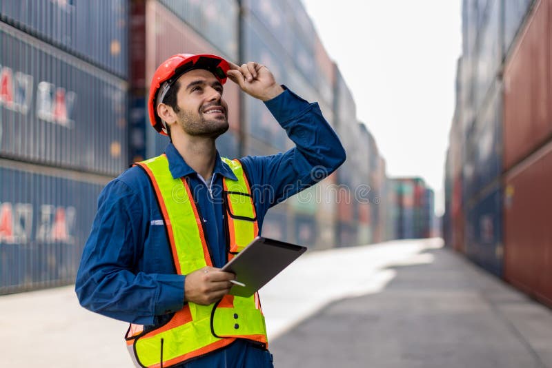 Foreman Man Working Checking at Container Cargo Harbor To Loading ...