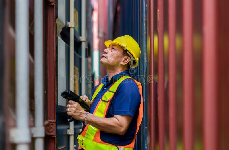 Foreman Man Working Checking at Container Cargo Harbor To Loading ...
