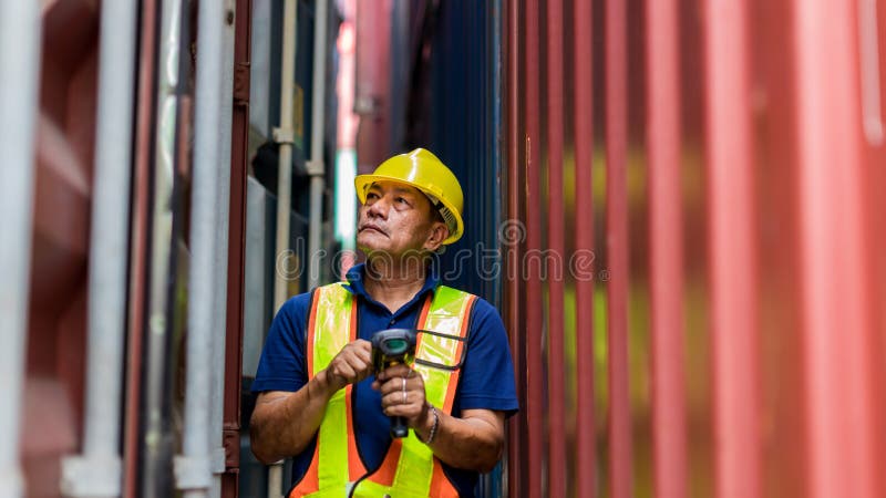 Foreman Man Working Checking at Container Cargo Harbor To Loading ...