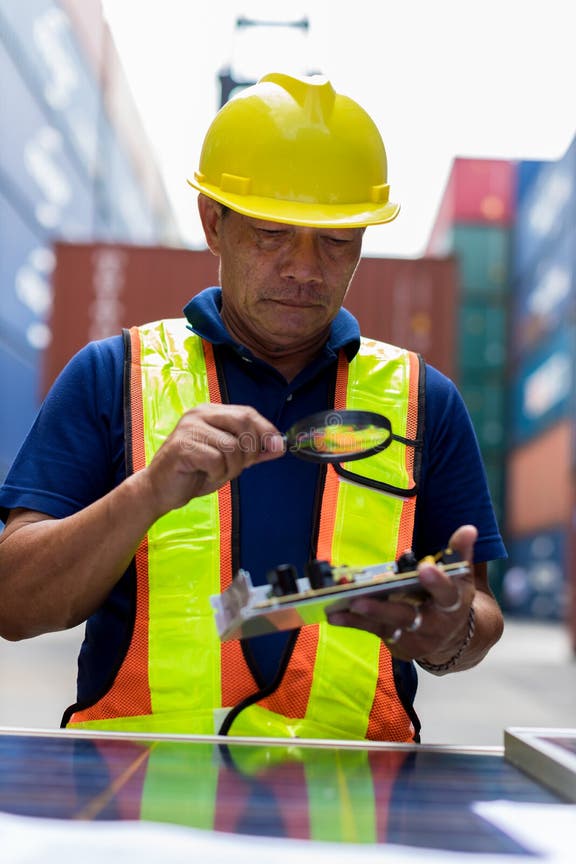 Foreman Man Working Checking at Container Cargo Harbor To Loading ...