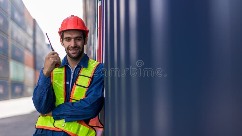 Foreman Man Working Checking at Container Cargo Harbor To Loading ...