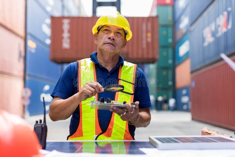 Foreman Man Working Checking at Container Cargo Harbor To Loading ...