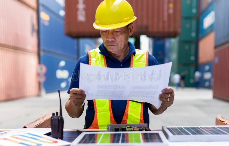Foreman Man Working Checking Document Shipping at Container Cargo ...