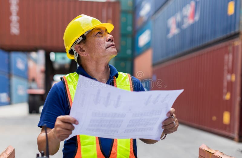 Foreman Man Working Checking Document Shipping at Container Cargo ...