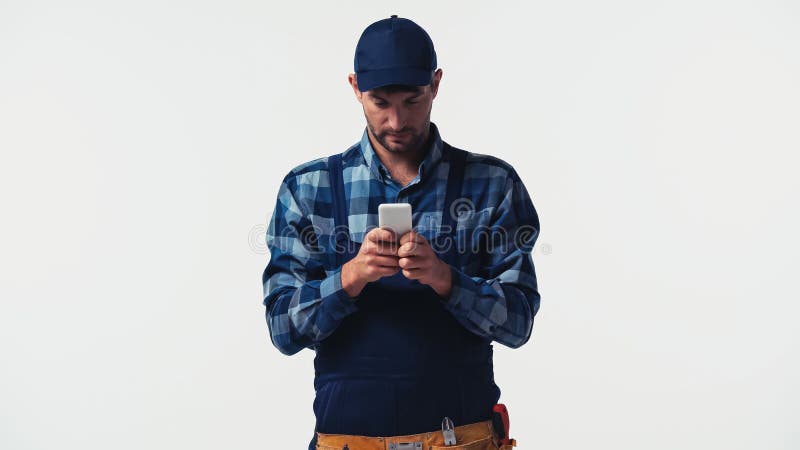 Foreman in Tool Belt Using Smartphone Stock Photo - Image of foreman ...