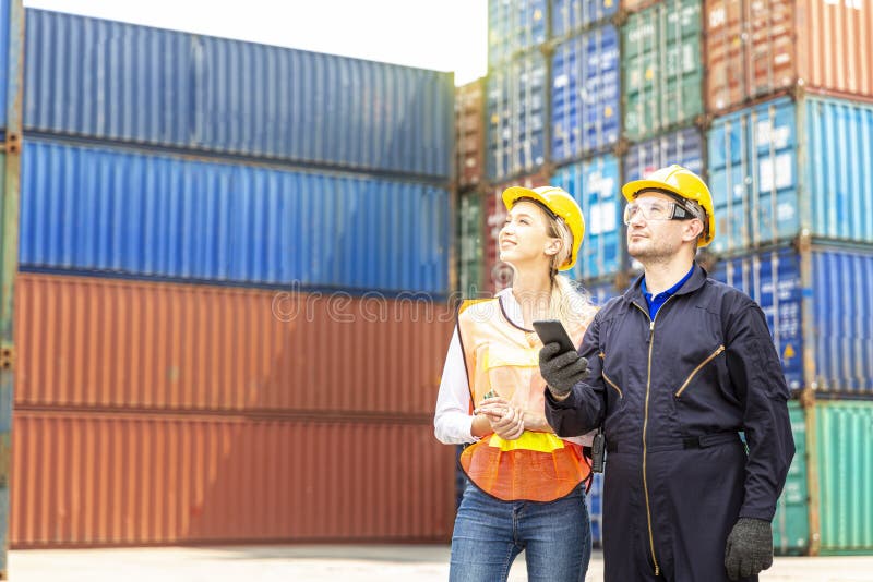 Group Foreman Control Industrial Container Cargo Freight Ship. Two ...