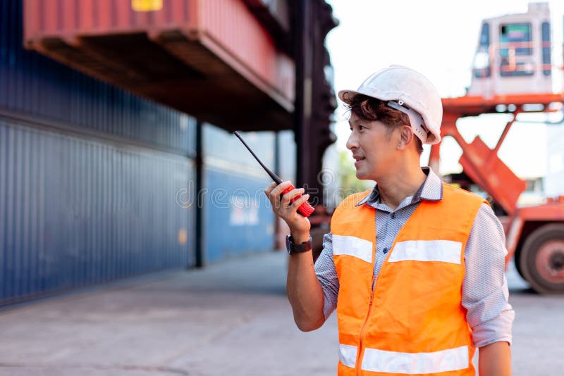 Foreman Using Radio Walkie Talkie Control Loading Containers Box in ...