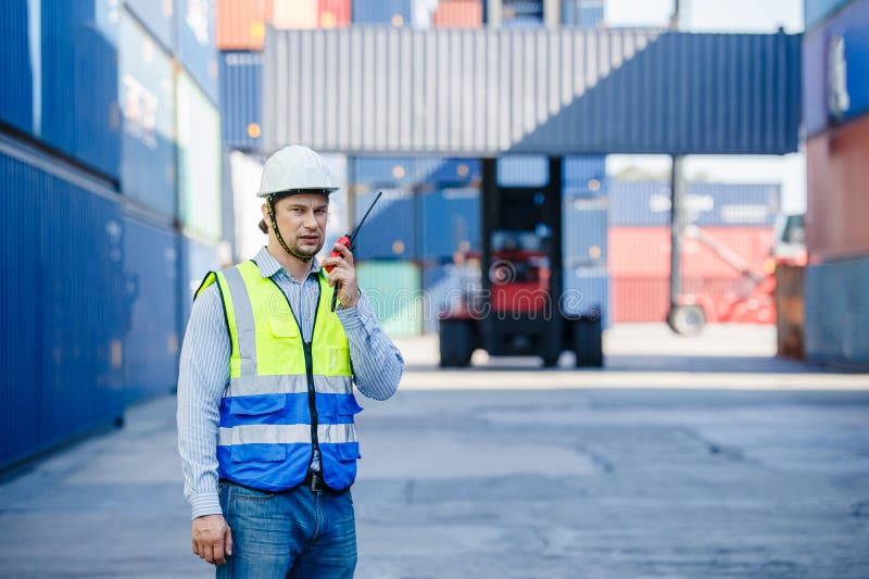 Foreman Using Radio Walkie Talkie Control Loading Containers Box in ...