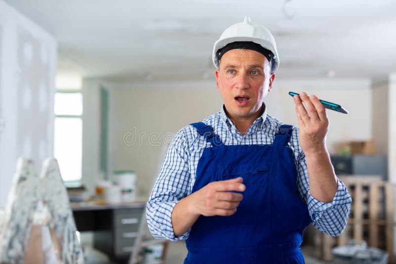 Foreman Using Smartphone, Recording Voice Message Stock Image - Image ...
