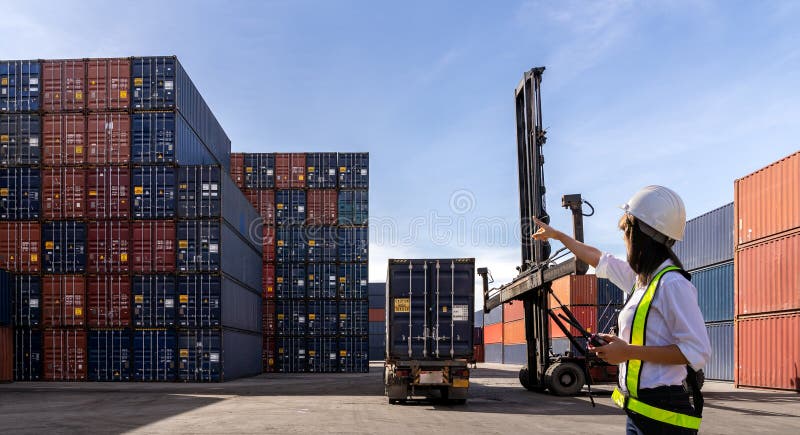 Foreman Woman Control Loading Containers Box Stock Image - Image of ...