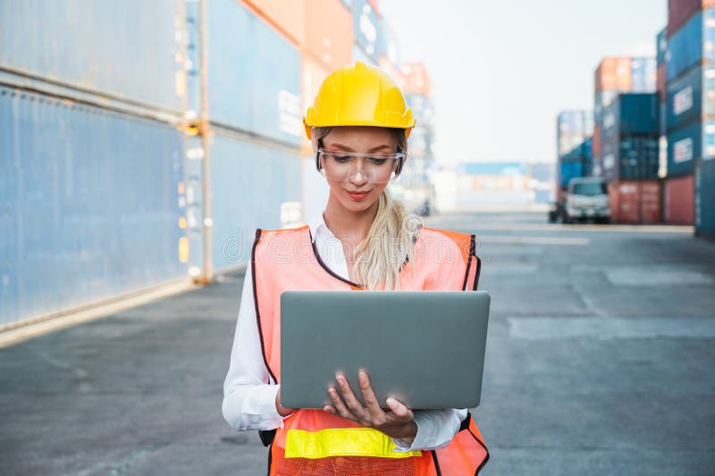 Foreman Woman Worker Working Checking at Container Cargo Harbor Holding ...