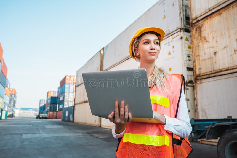 Foreman Woman Worker Working Checking at Container Cargo Harbor Holding ...