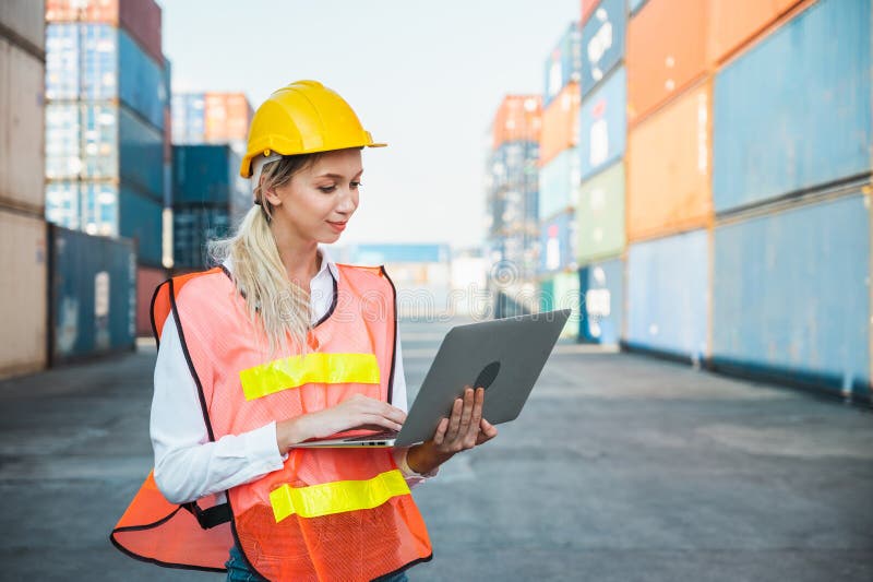 Foreman Woman Worker Working Checking at Container Cargo Harbor Holding ...