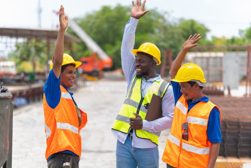 Foreman Worker Team Making High Hands Over Head, Success and Teamwork ...