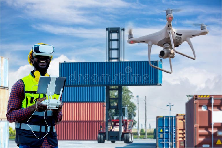 Foreman or Worker Use Remote Controller Piloting Drone at Containers ...