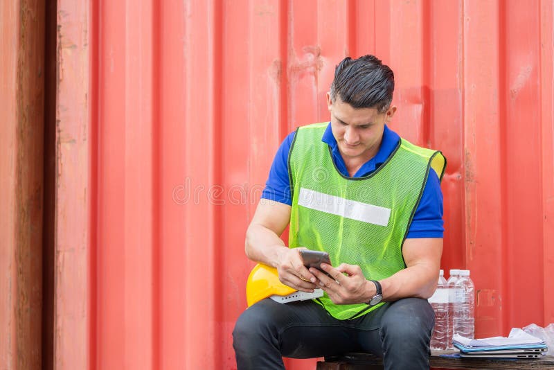 Foreman Worker Using Mobile Smartphone in Industry Containers Cargo ...