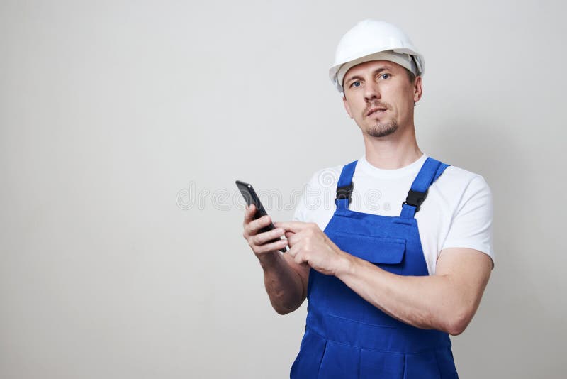 Foreman Worker Using Smartphone on White Background Stock Image - Image ...