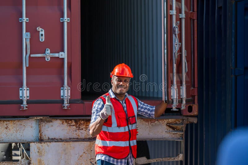 Foreman or Worker Work at Container Cargo Site Check Up Goods in ...