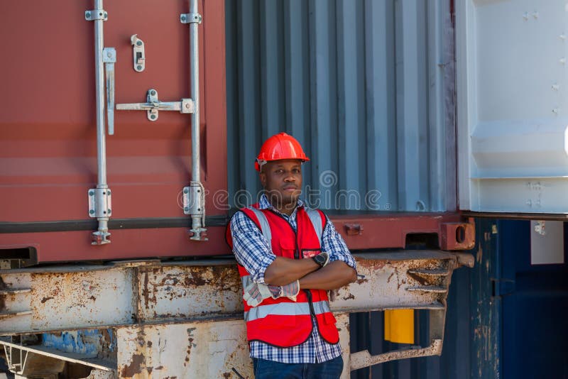Foreman or Worker Work at Container Cargo Site Check Up Goods in ...