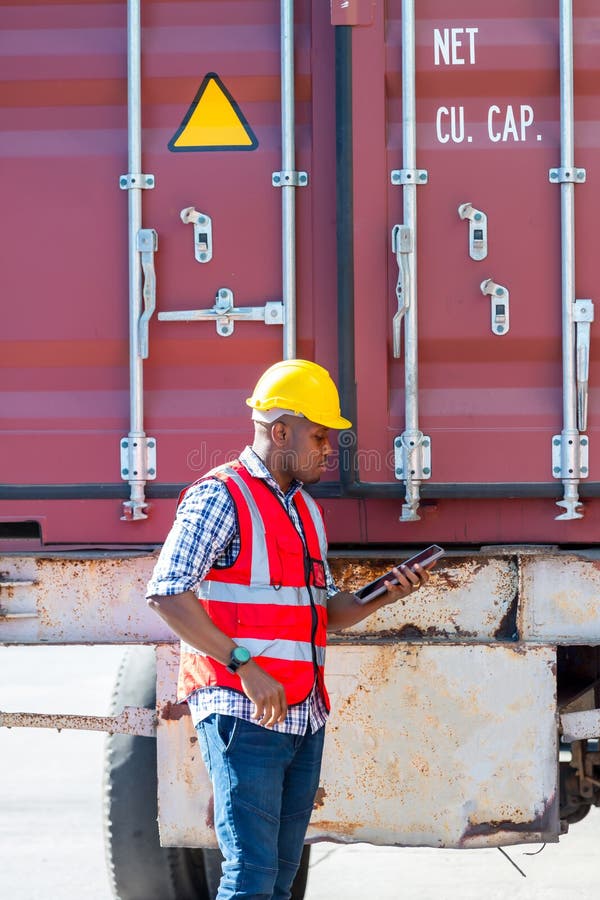 Foreman or Worker Work at Container Cargo Site Check Up Goods in ...