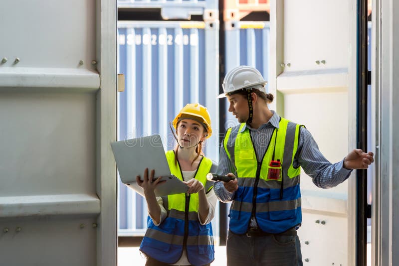 Foreman or Worker Work at Container Cargo Site Check Up Goods in ...