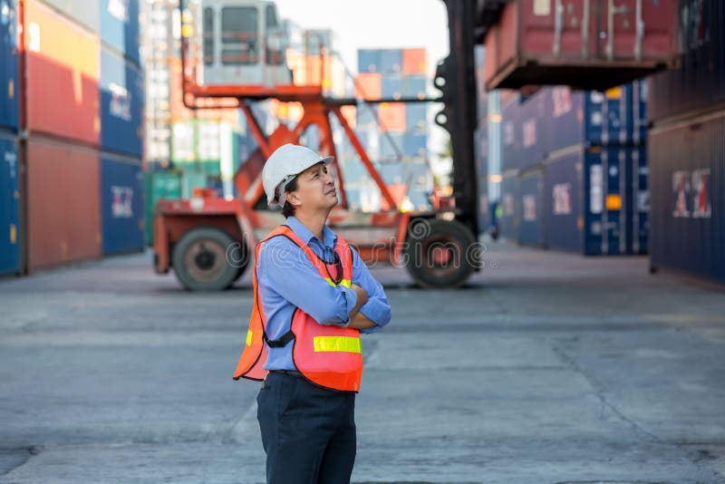 Foreman or Worker Work at Container Cargo Site Check Up Goods in ...