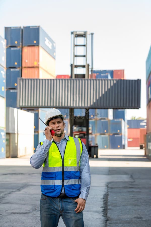 Foreman or Worker Work at Container Cargo Site Check Up Goods in ...