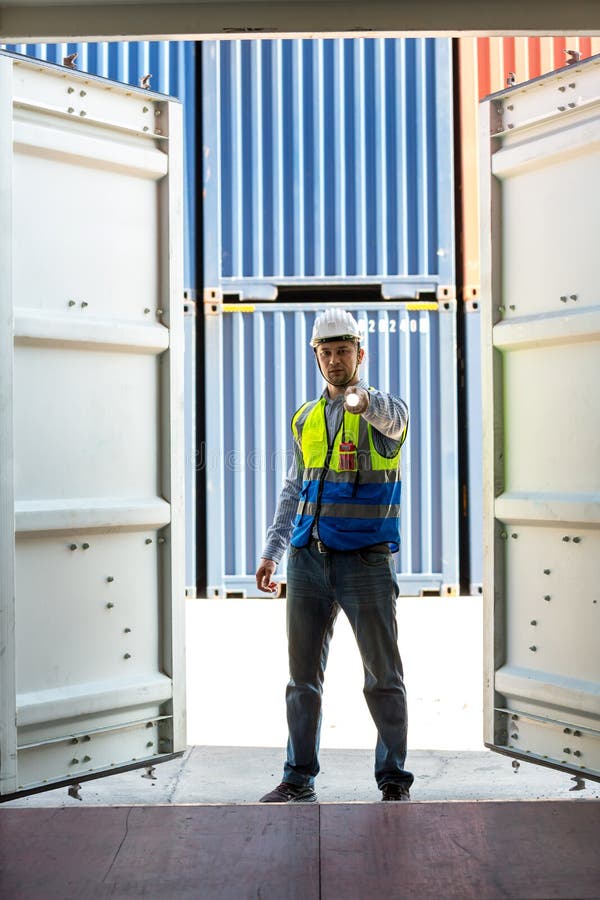 Foreman or Worker Work at Container Cargo Site Check Up Goods in ...