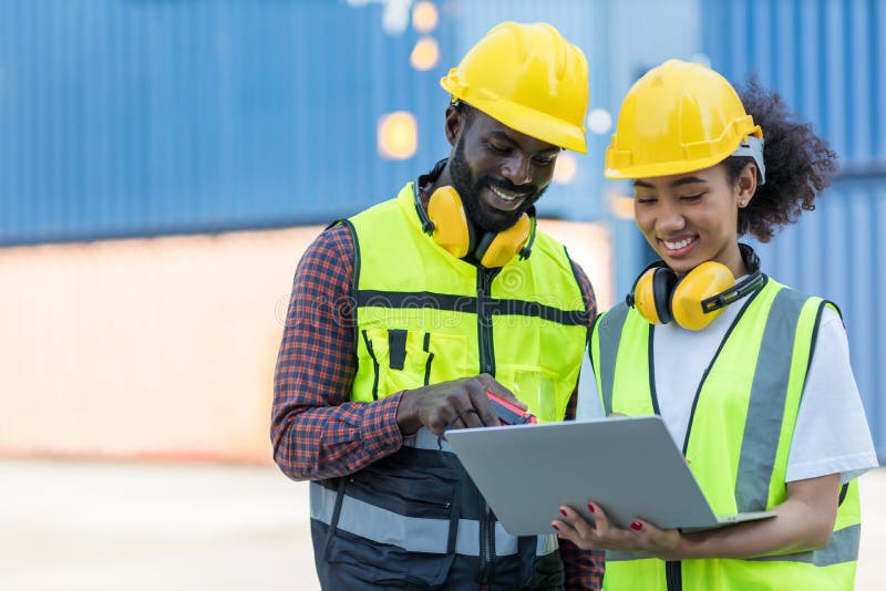Foreman or Worker Work at Container Cargo Site Check Up Goods in ...