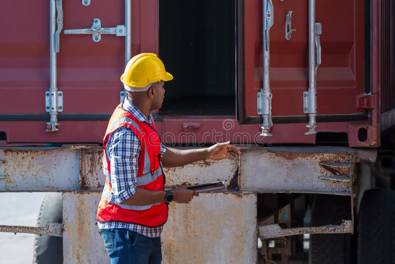 Foreman or Worker Work at Container Cargo Site Check Up Goods in ...