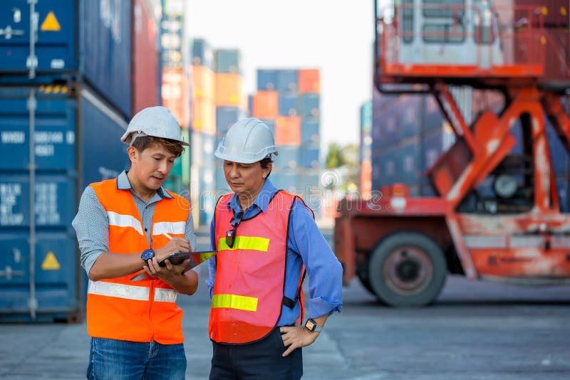 Foreman or Worker Work at Container Cargo Site Check Up Goods in ...