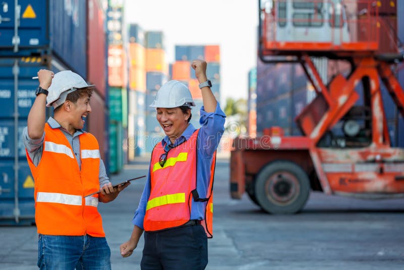 Foreman or Worker Work at Container Cargo Site Check Up Goods in ...