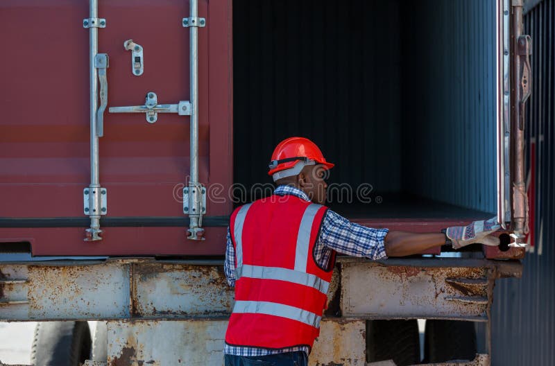 Foreman or Worker Work at Container Cargo Site Check Up Goods in ...