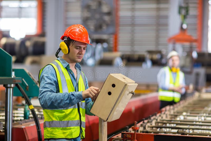 Foreman or Worker Work at Factory Site Check Up Machine or Products in ...