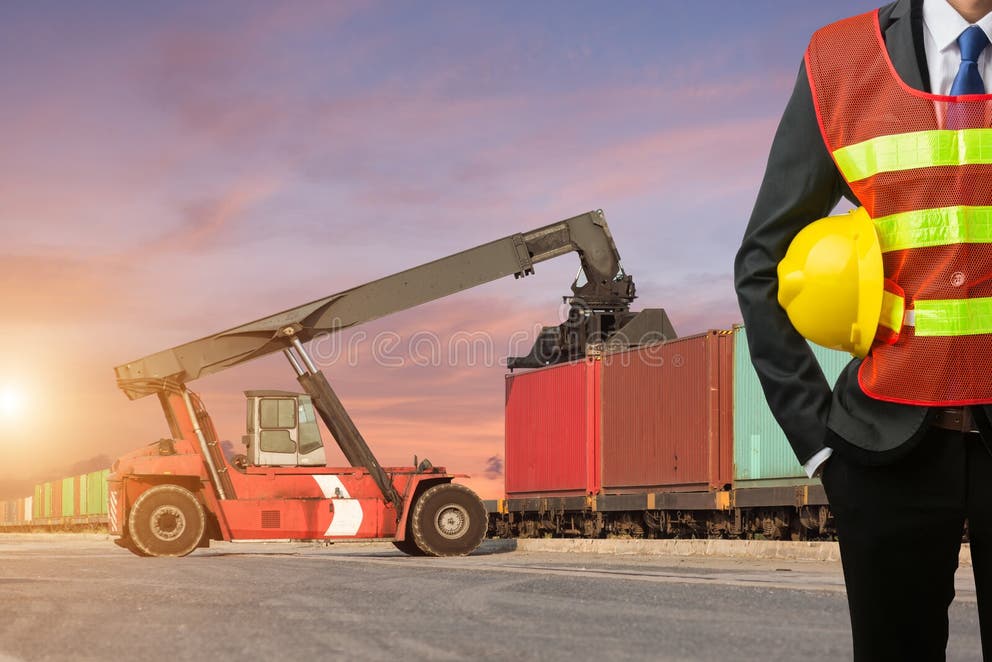 Foreman or Working Businessman Stand on Front Forklift Loading C Stock ...