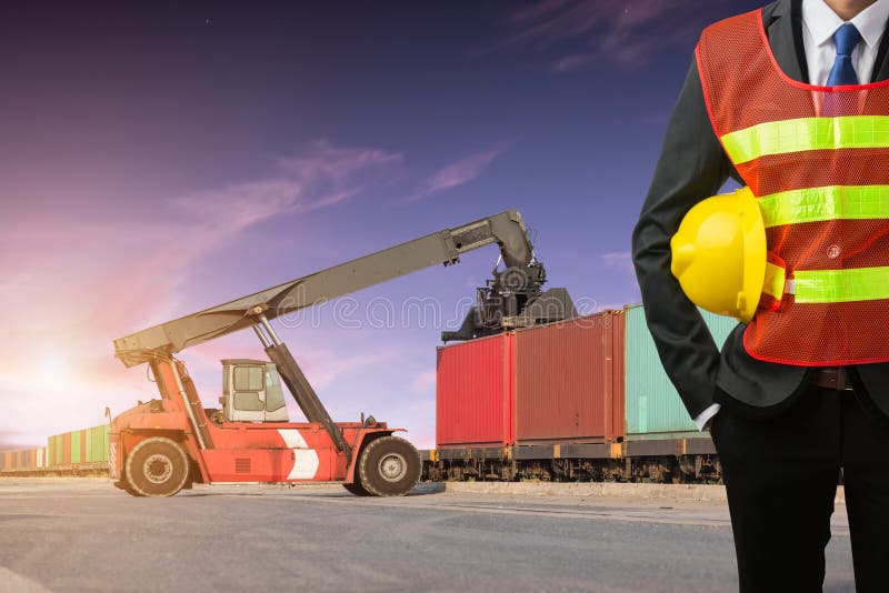 Foreman or Working Businessman Stand on Front Forklift Loading C Stock ...