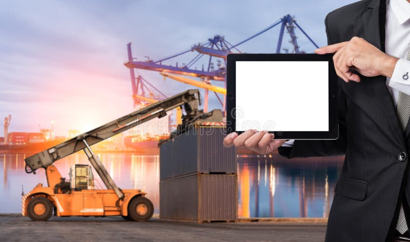 Foreman or Working Man Hold Tablet Control Loading Containers Box Stock ...