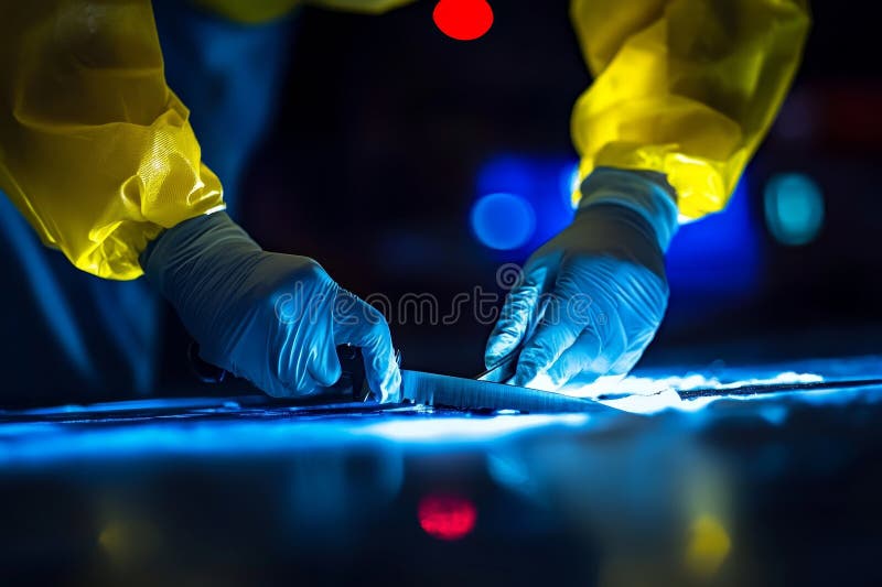 Forensic Scientist Analyzing Evidence with Uv Light in Crime Lab Stock ...
