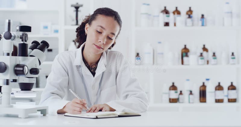 Forensic Scientist, Microscope and Woman Writing Notes for Information ...