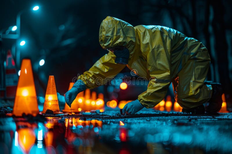 Forensic Scientist in a Protective Suit Collects Evidence at a Crime ...