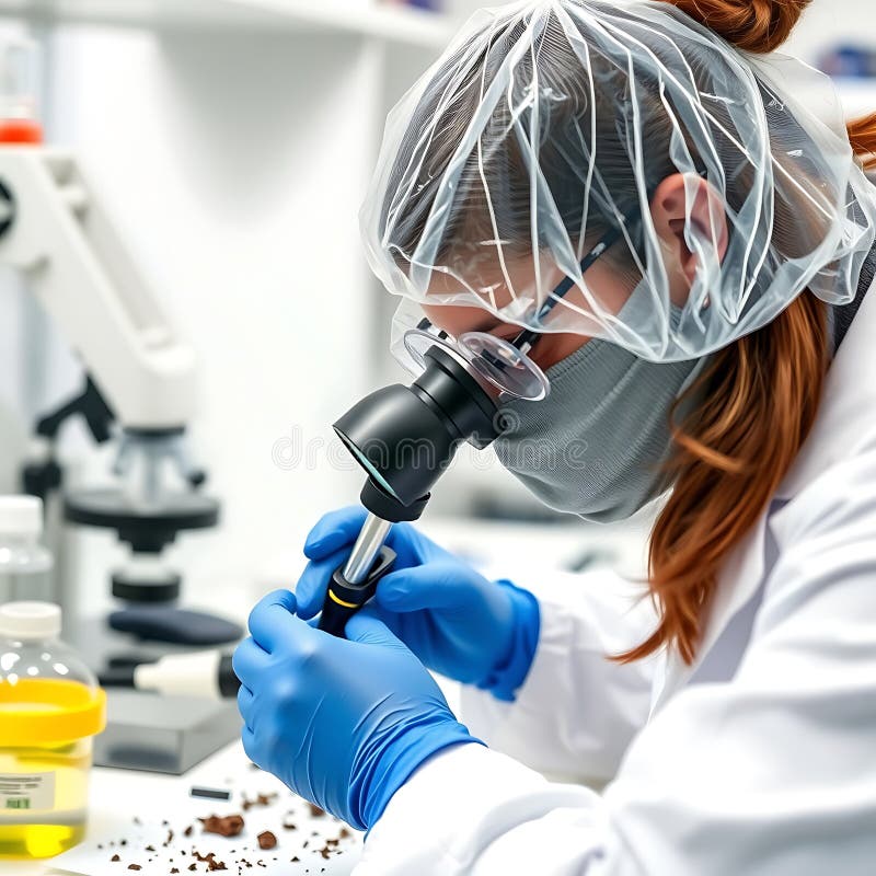 A Forensic Scientist Testing Soil Samples with a Magnifying Lens and ...