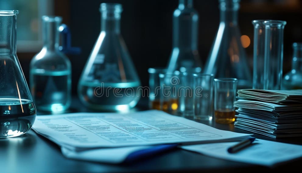 Forensic Scientist Works at Dark Lab Desk. Lab Equipment, Evidence ...