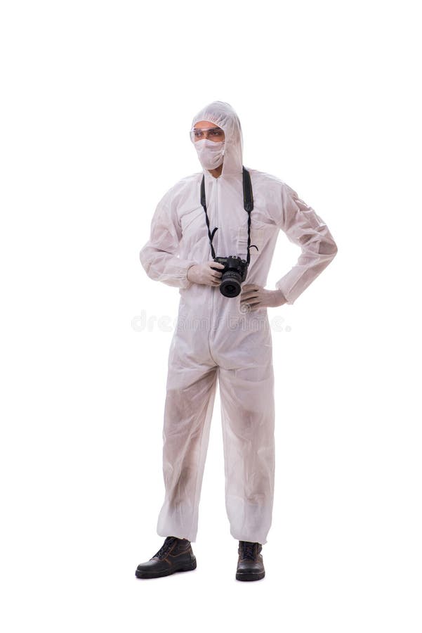 The Forensic Specialist in Protective Suit Taking Photos on White Stock ...