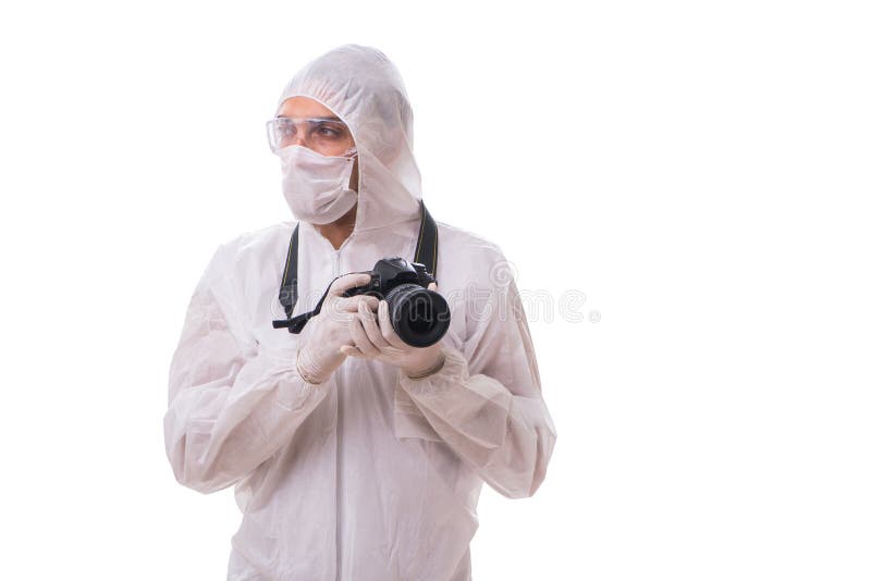 The Forensic Specialist in Protective Suit Taking Photos on White Stock ...