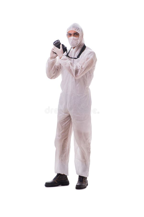 The Forensic Specialist in Protective Suit Taking Photos on White Stock ...