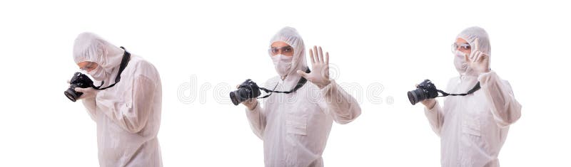 The Forensic Specialist in Protective Suit Taking Photos on White Stock ...